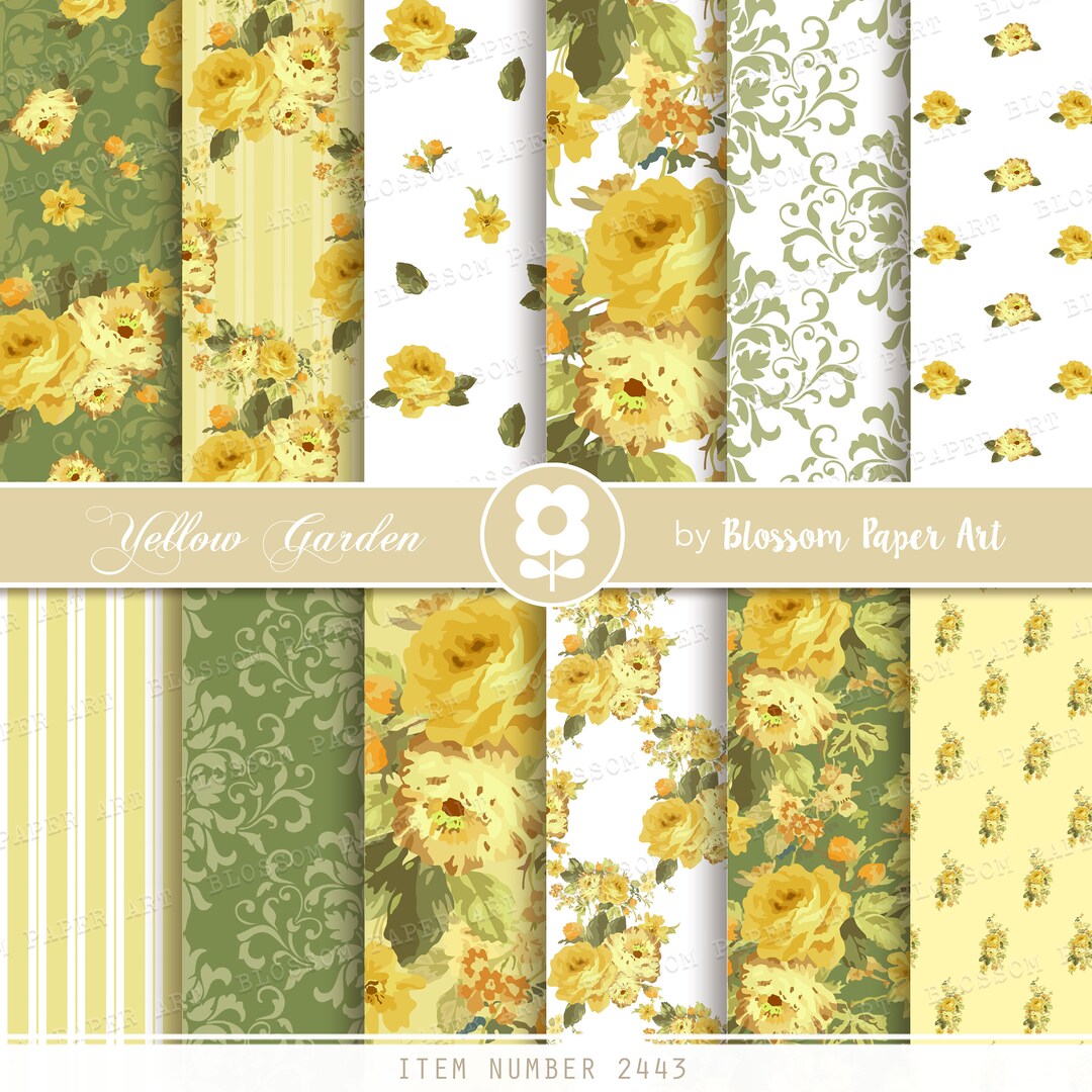 Green and Yellow Digital Paper, Floral Printable Papers, ROSES Digital ...