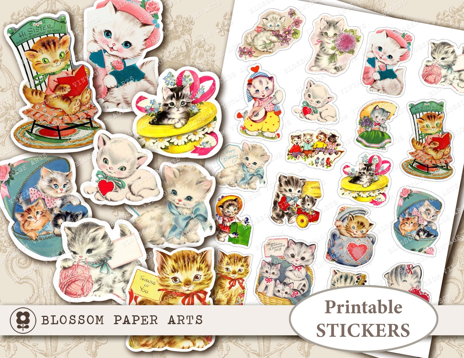 Cat Stickers Nursery Vintage Printable Stickers Vintage | Etsy