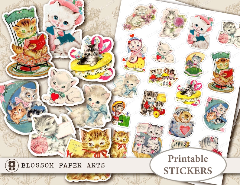 Cat Stickers Nursery Vintage Printable Stickers Vintage | Etsy