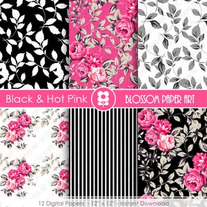 Hot Pink and Black Paper Pack Digital Papers, Scrapbooking, Roses ...