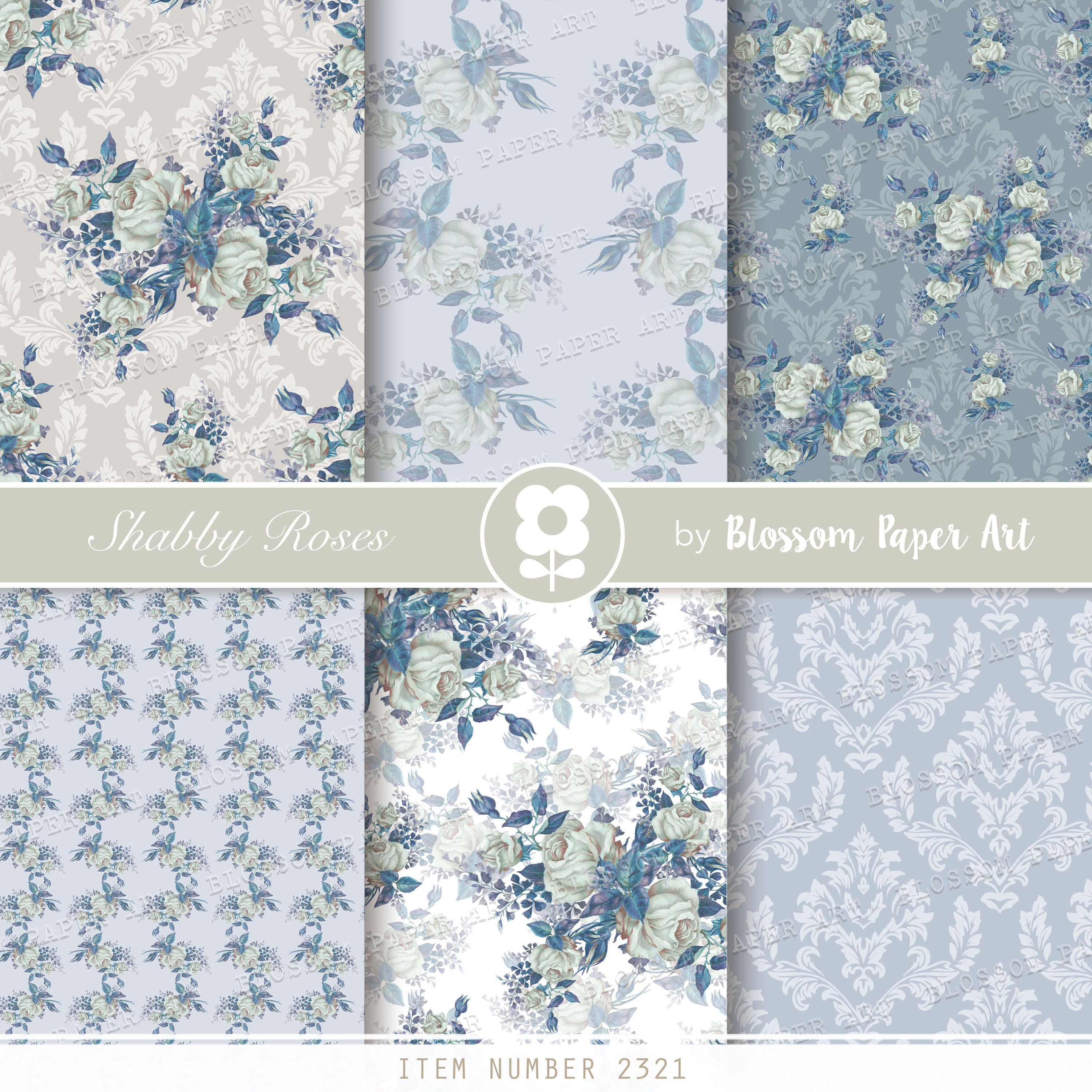 Blue Floral Digital Papers Shabby Chic Wedding Scrapbook - Etsy