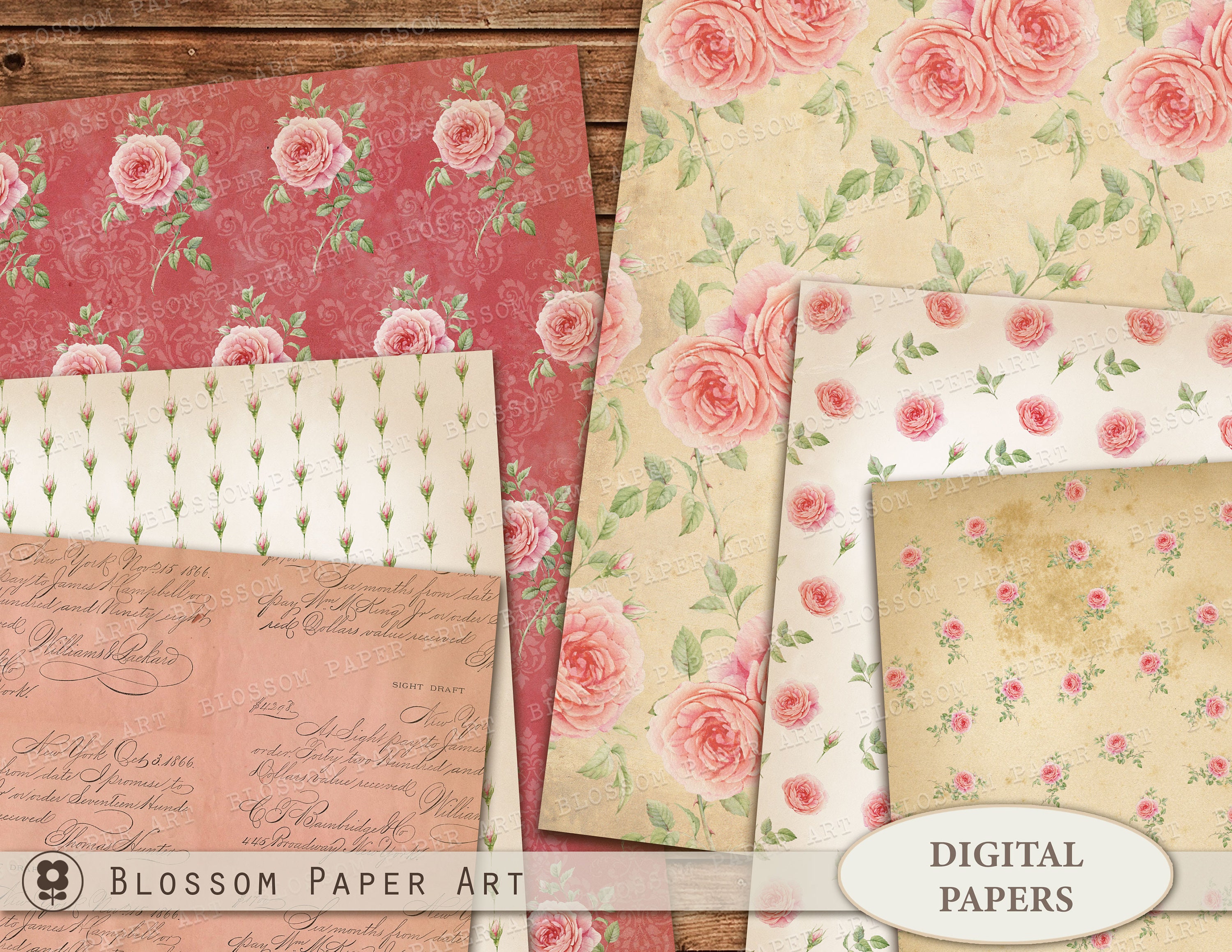 Vintage Digital Paper Roses Shabby Chic Scrapbook Paper Pack | Etsy