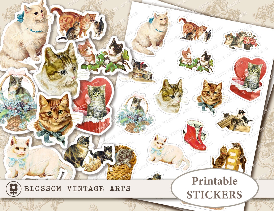 VINTAGE CATS Stickers Digital Collage Printable Stickers - Etsy