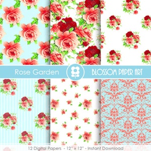 Pink Rose Digital Paper, Light Blue Rose Digital Paper Pack, Pink ...