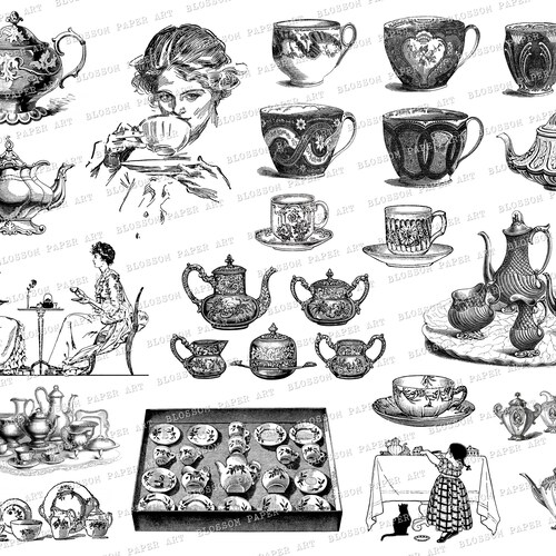 Tea Time Vintage Collage Sheet Printable Teapot Teacups - Etsy