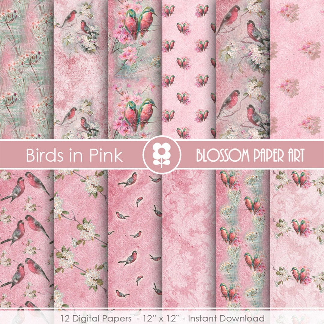Birds Digital Paper, Vintage Paper Birds, Pink Vintage Scrapbooking ...