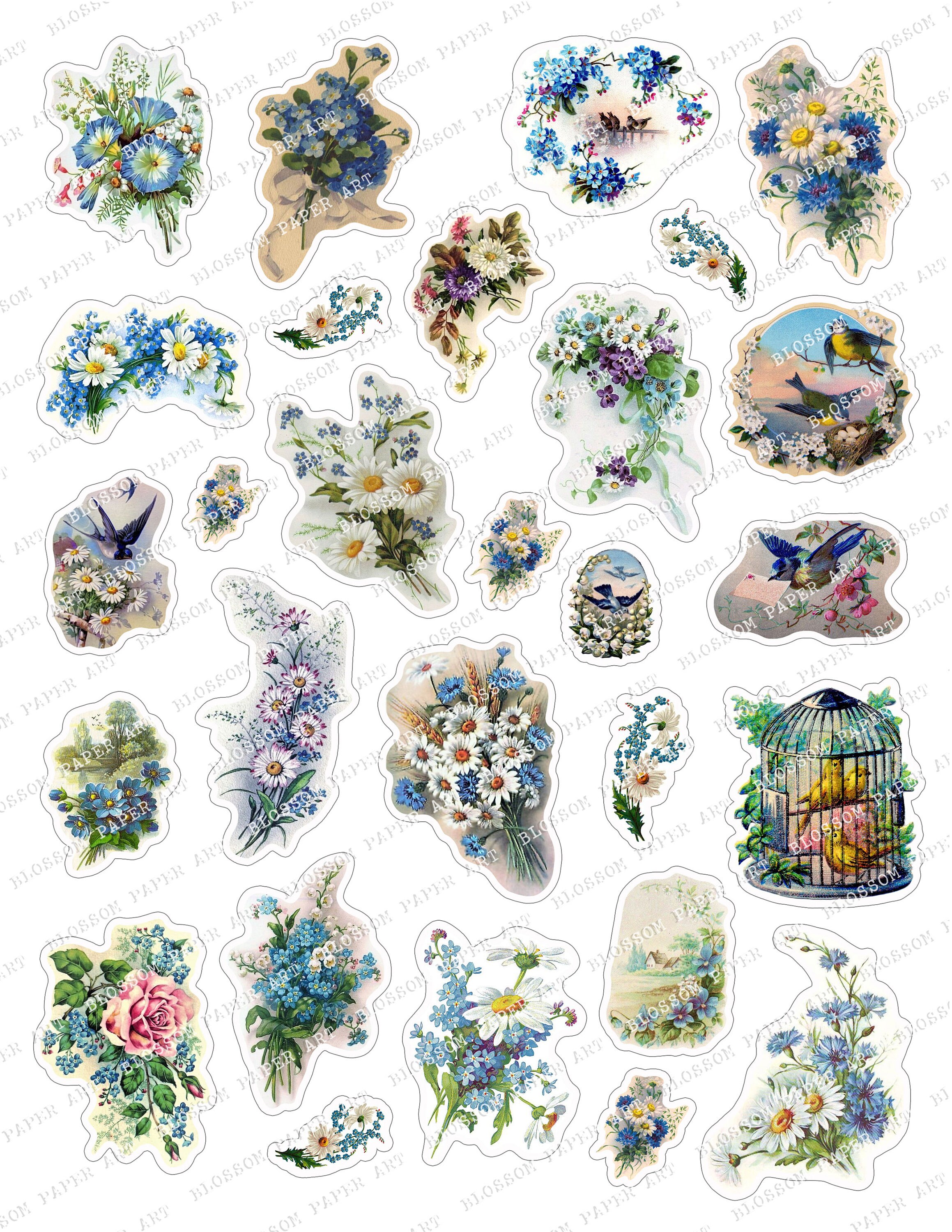 Blue Vintage Flowers Printable Stickers VINTAGE Floral | Etsy