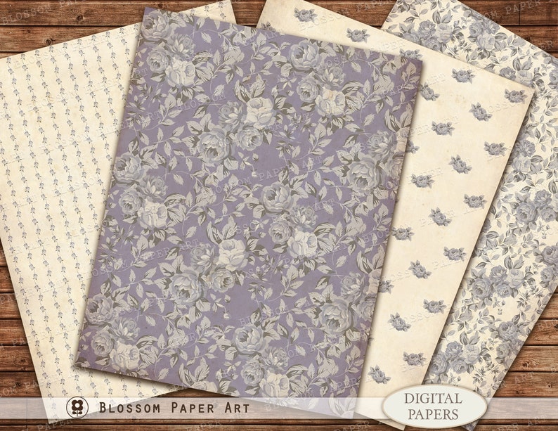 Blue Floral Digital Paper, Vintage Roses, Scrapbook Collage (digital ...