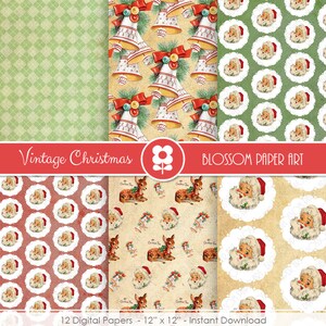 Christmas Digital Paper, Vintage Christmas Digital Paper Pack ...