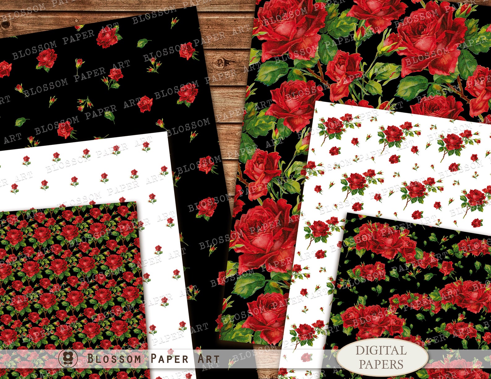 Black and Red Digital Paper Roses Scrapbook Papers Floral - Etsy