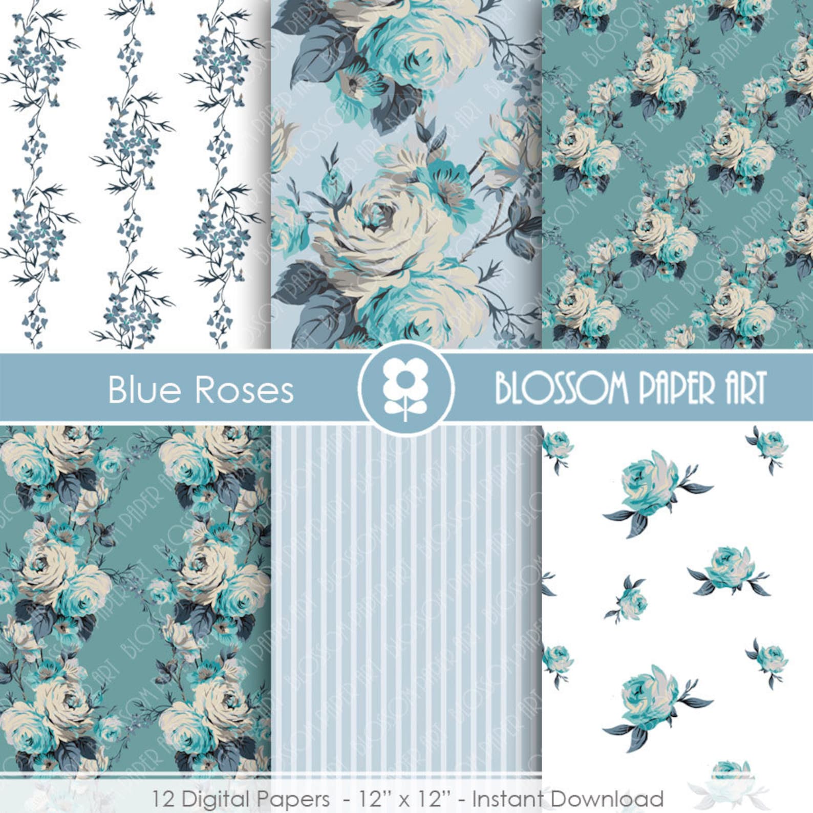 Rose Digital Paper Blue Rose Digital Paper Pack Blue Roses - Etsy