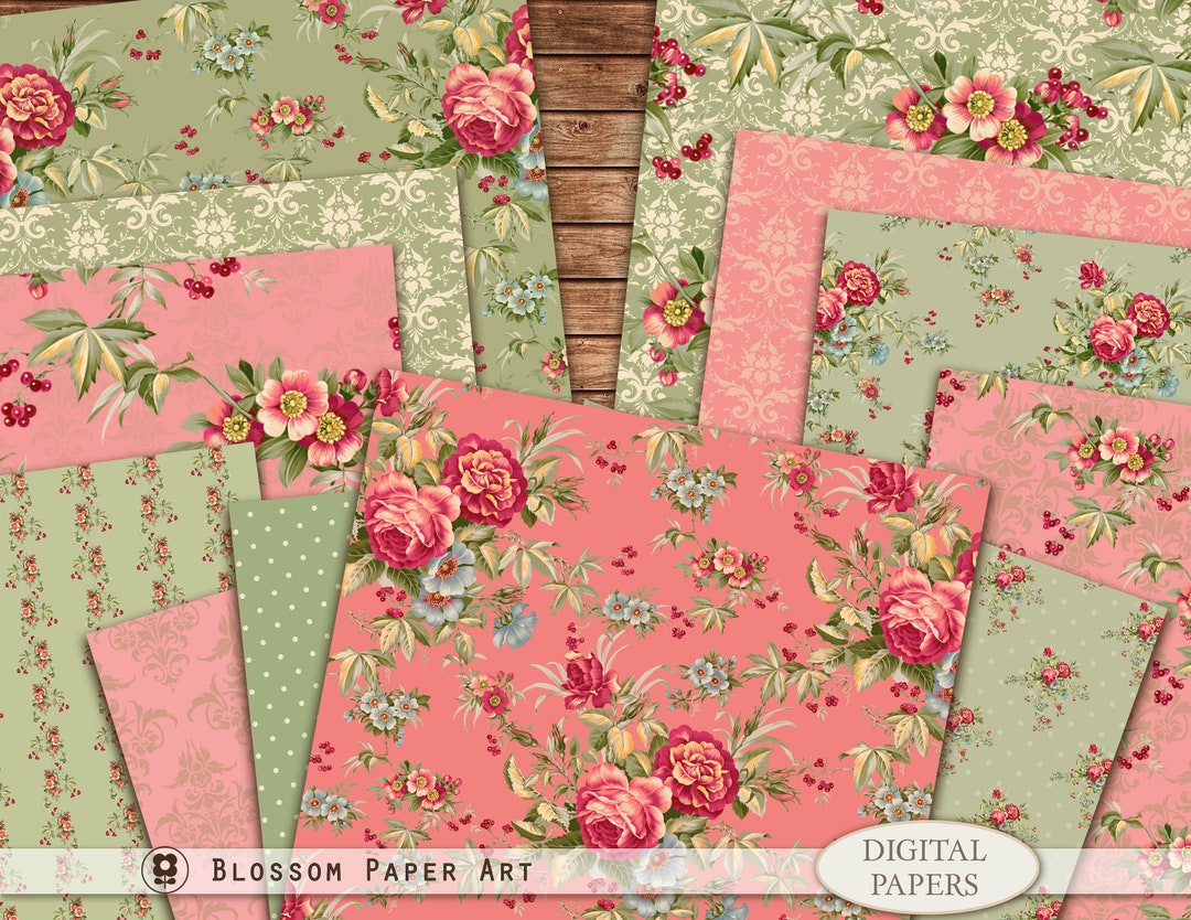 Digital Paper Victorian Floral Paper Pack, Green Scrapbook Paper ...