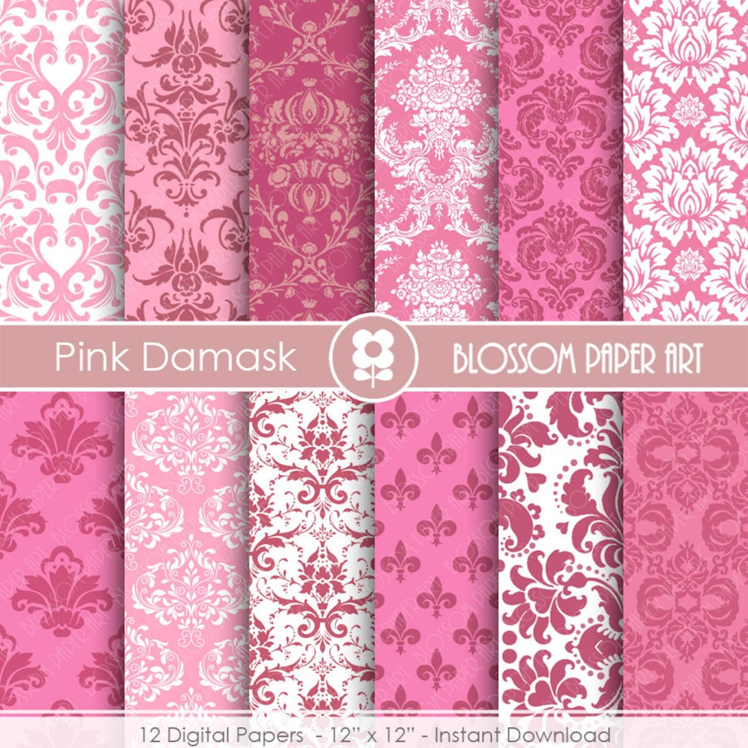Damask Digital Paper, Pink Damask Digital Paper Wedding Scrapbook Paper ...
