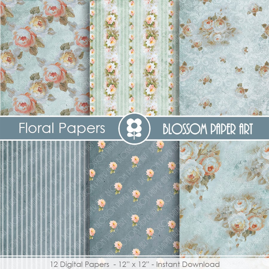 Blue Digital Paper Floral Digital Paper Pack Blue Flowers - Etsy