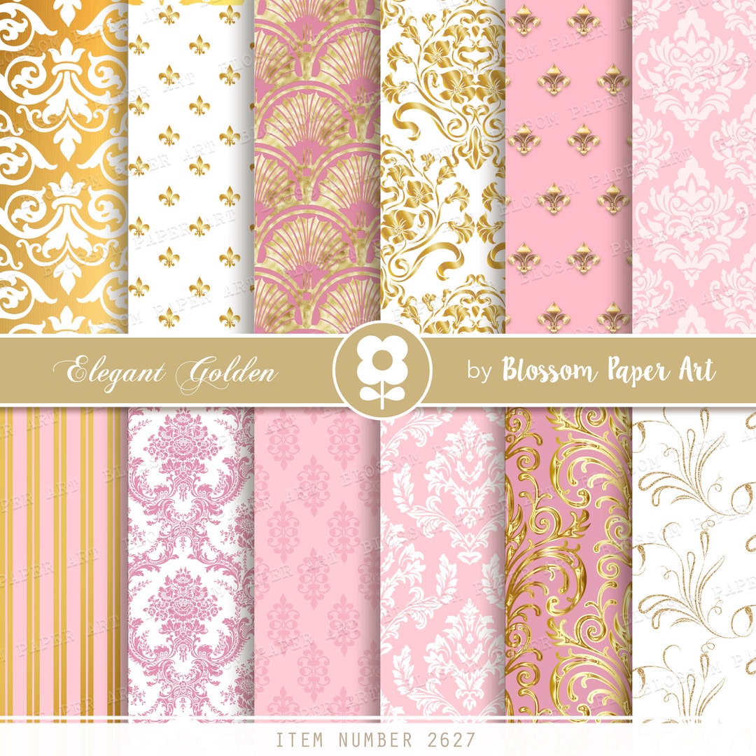 Pink and Gold Digital Paper Gold Digital Paper Pack, Gold Scrapbooking ...