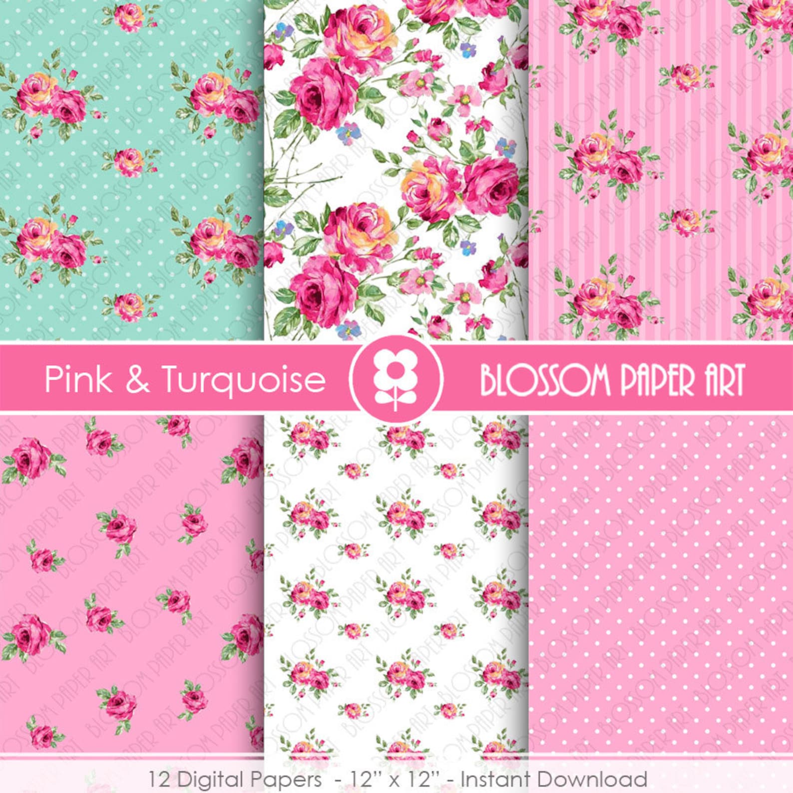 Pink Floral Papers Light Blue Floral Paper Pack Digital - Etsy