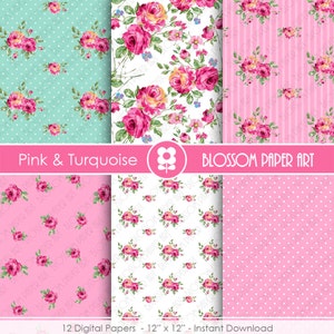Pink Floral Papers, Light Blue Floral Paper Pack, Digital Scrapbooking ...
