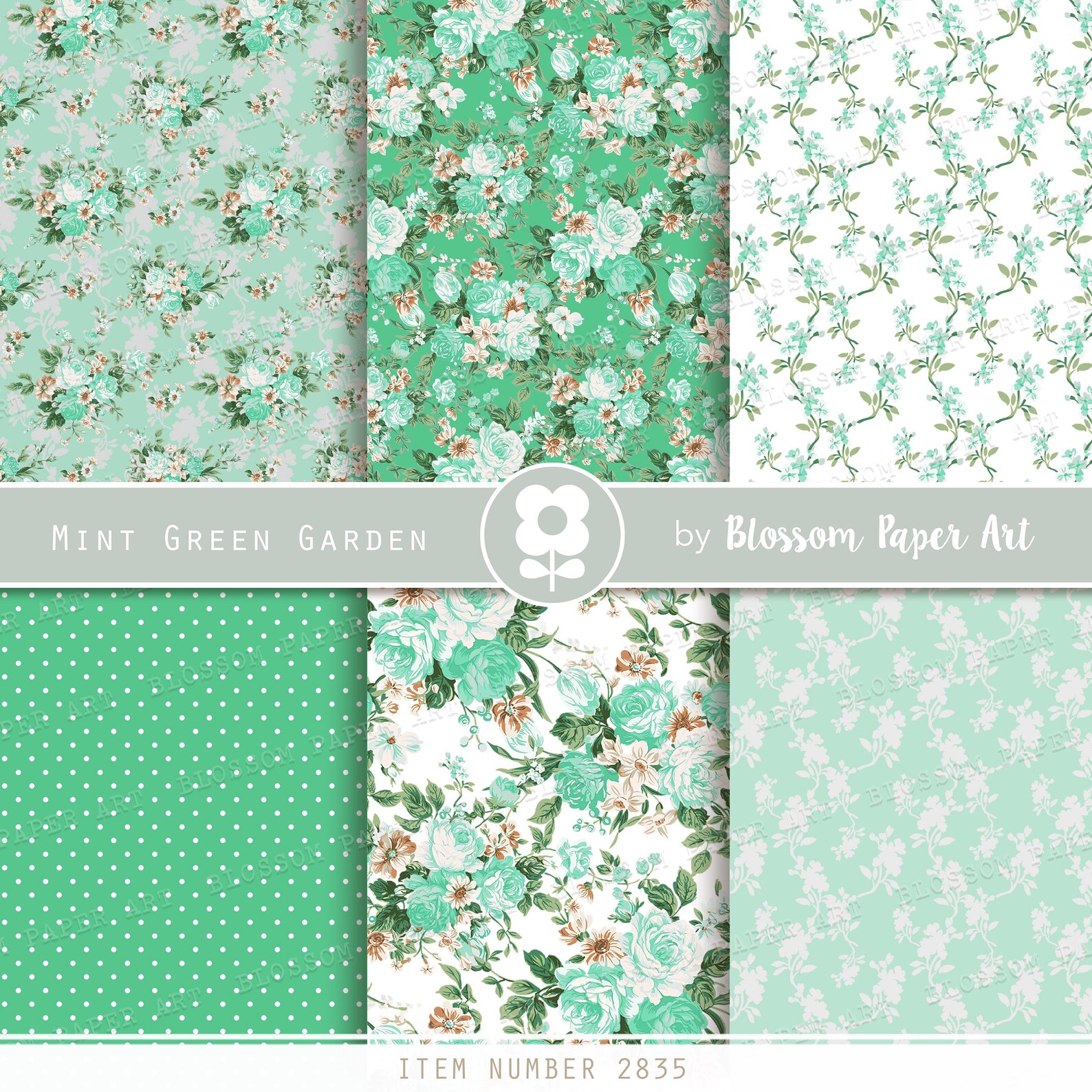 Green Mint Digital Papers Floral Digital Paper Pack Rose - Etsy
