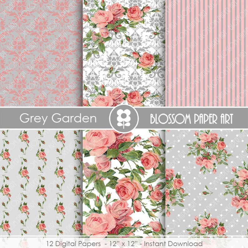 Pink and Grey Floral Digital Paper Garden Shabby Chic Digital - Etsy