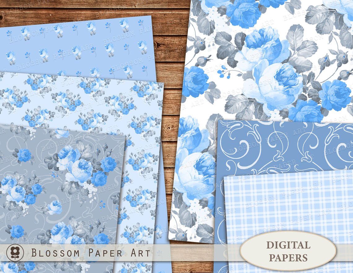 Light Blue Digital Paper Floral Scrapbook Paper Blue Roses | Etsy