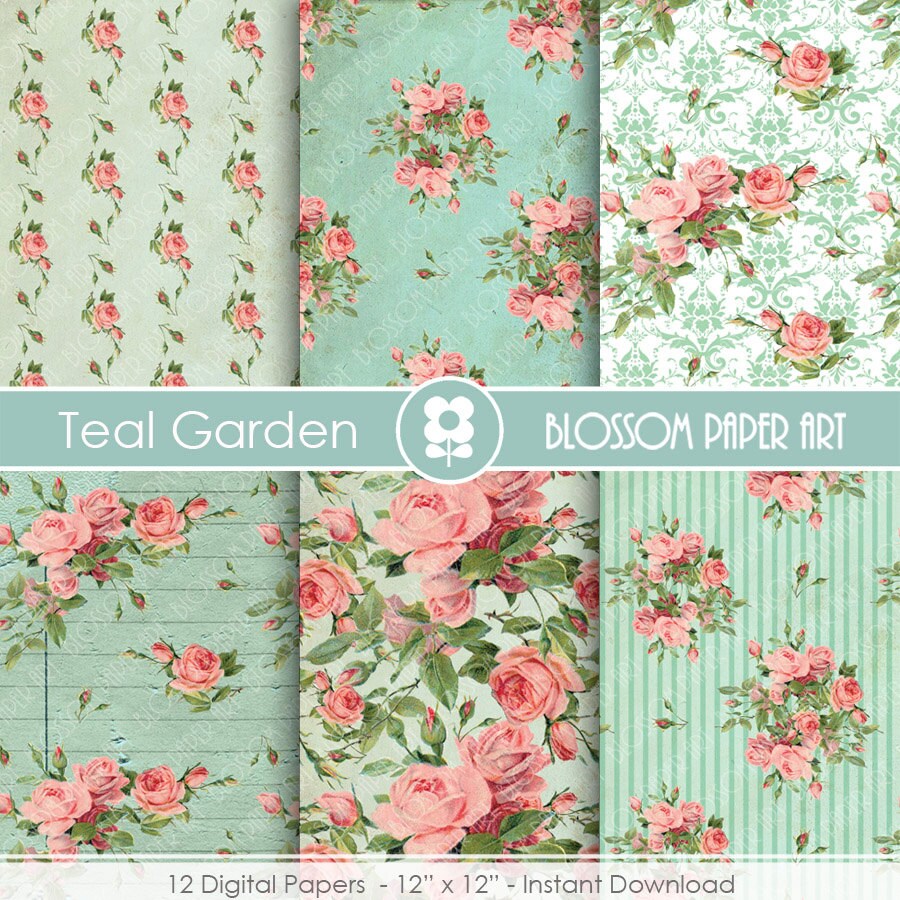 Teal Digital Paper Vintage Roses Shabby Chic Digital Paper - Etsy Canada