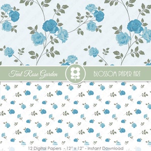Teal Digital Paper, Floral Digital Papers, Floral Digital Scrapbooking ...