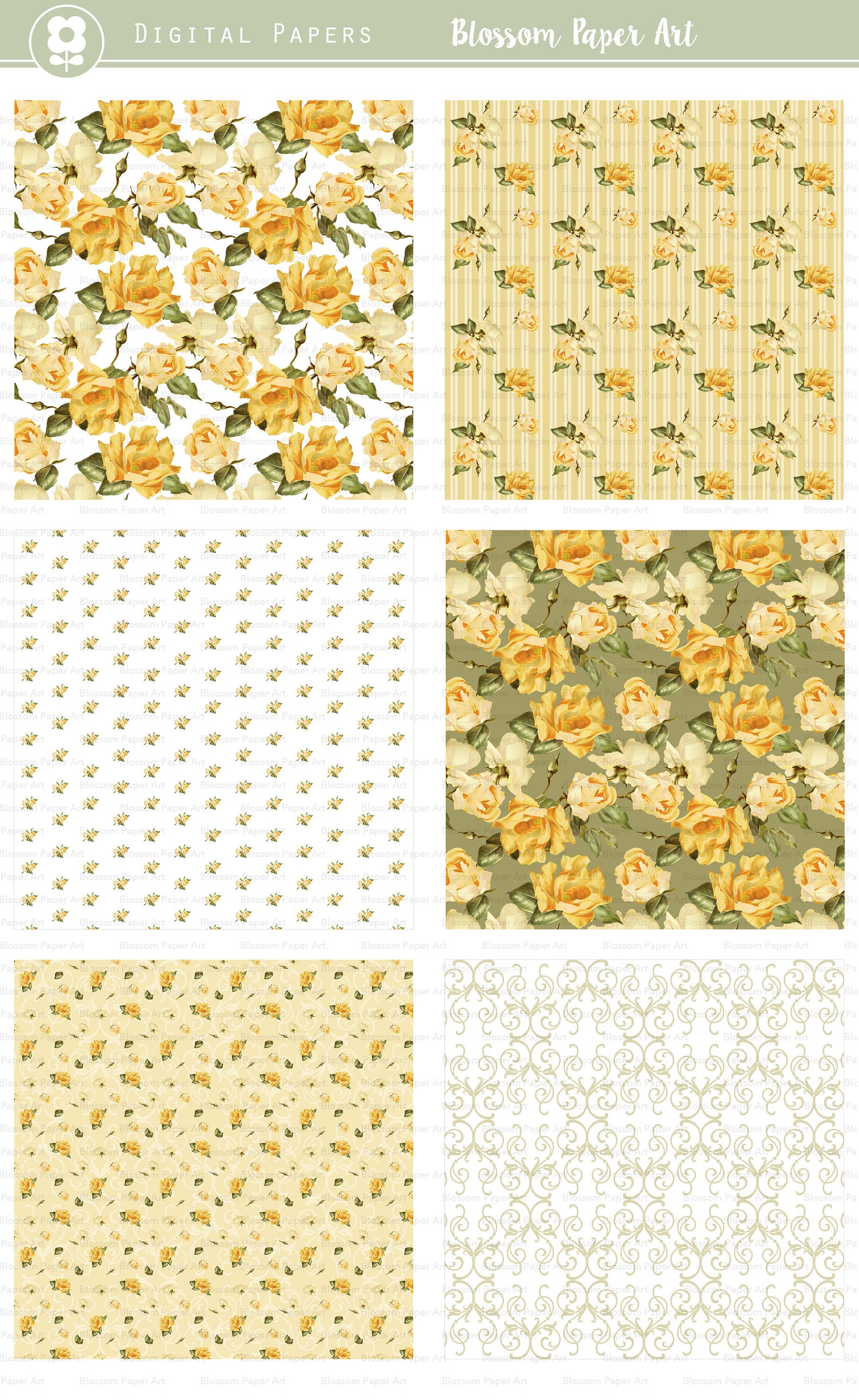 Yellow Digital Paper Floral Digital Paper Pack Floral | Etsy