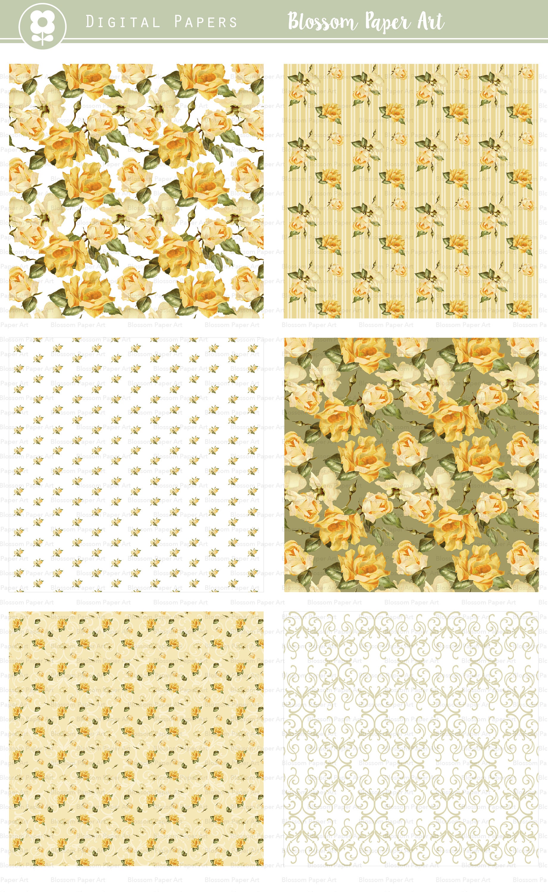 Yellow Digital Paper Floral Digital Paper Pack Floral | Etsy