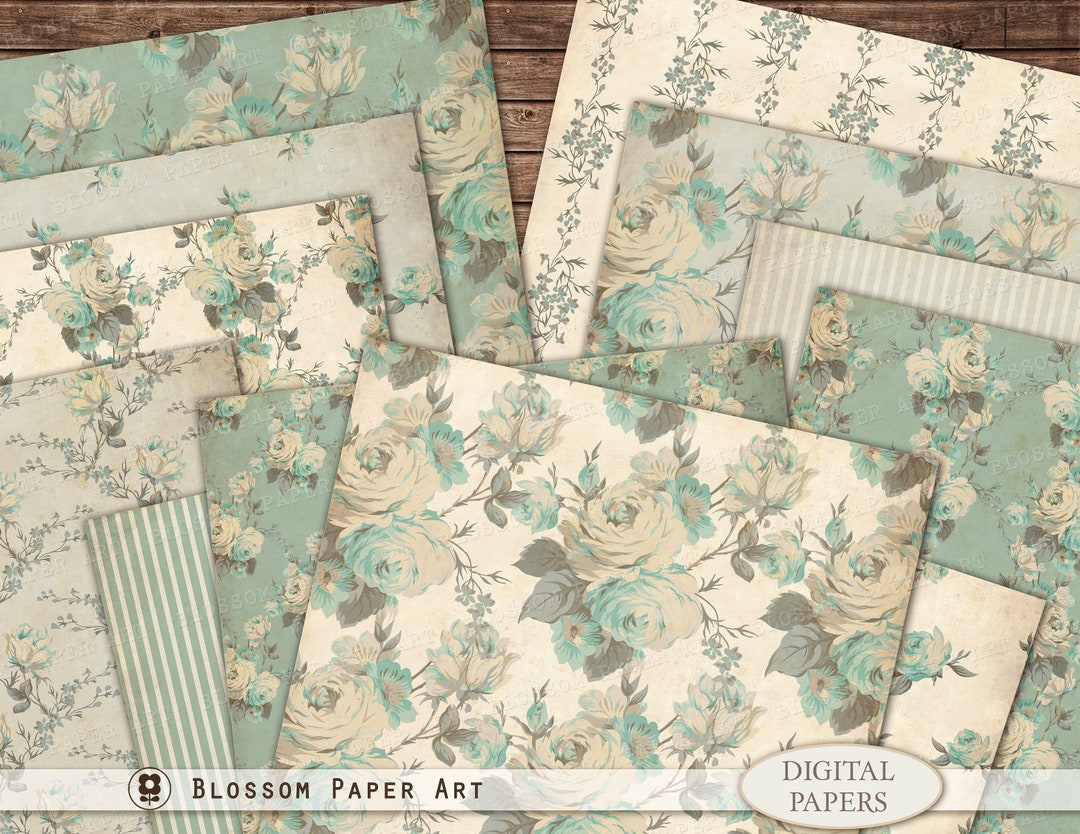 Vintage Digital Paper, Teal Digital Paper Pack, Junk Journal Roses ...