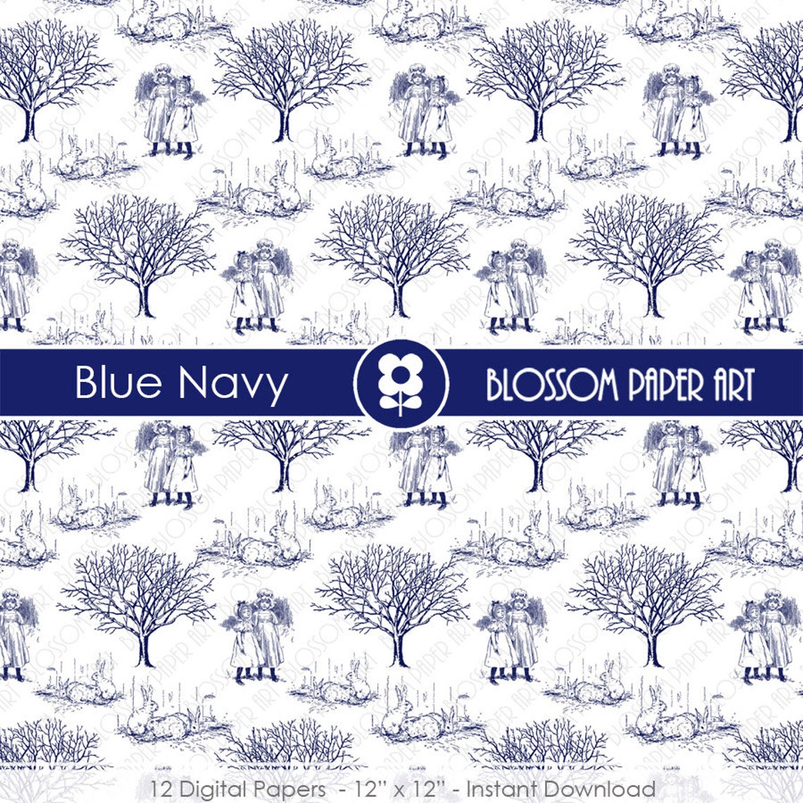 Digital Paper Blue Navy Toile Digital Paper Vintage - Etsy