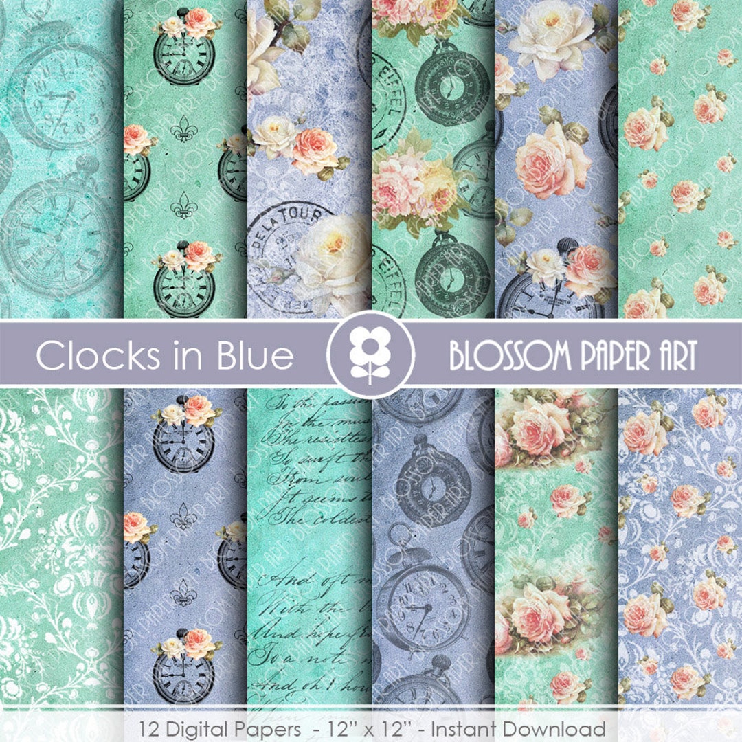 Blue Digital Paper Vintage Digital Paper in Blue Collage Sheet, Blue ...
