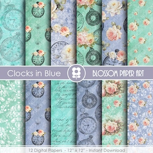 Blue Digital Paper Vintage Digital Paper in Blue Collage Sheet, Blue ...