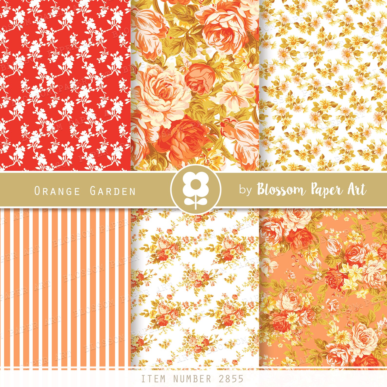 Orange Digital Paper Floral Scrap Paper Rose Digital Paper - Etsy