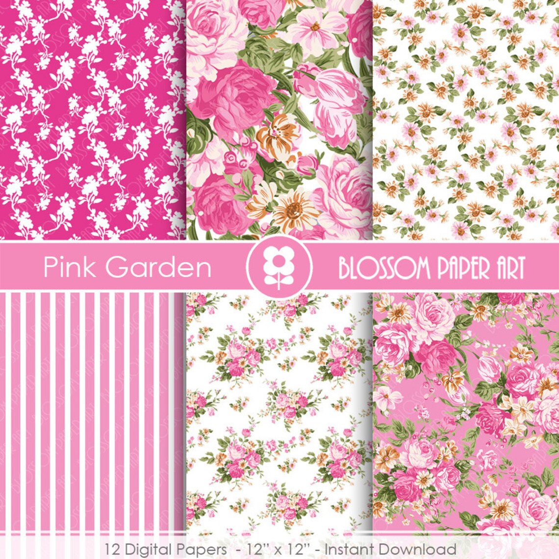 Pink Digital Paper Rose Digital Paper Pack Pink Floral | Etsy