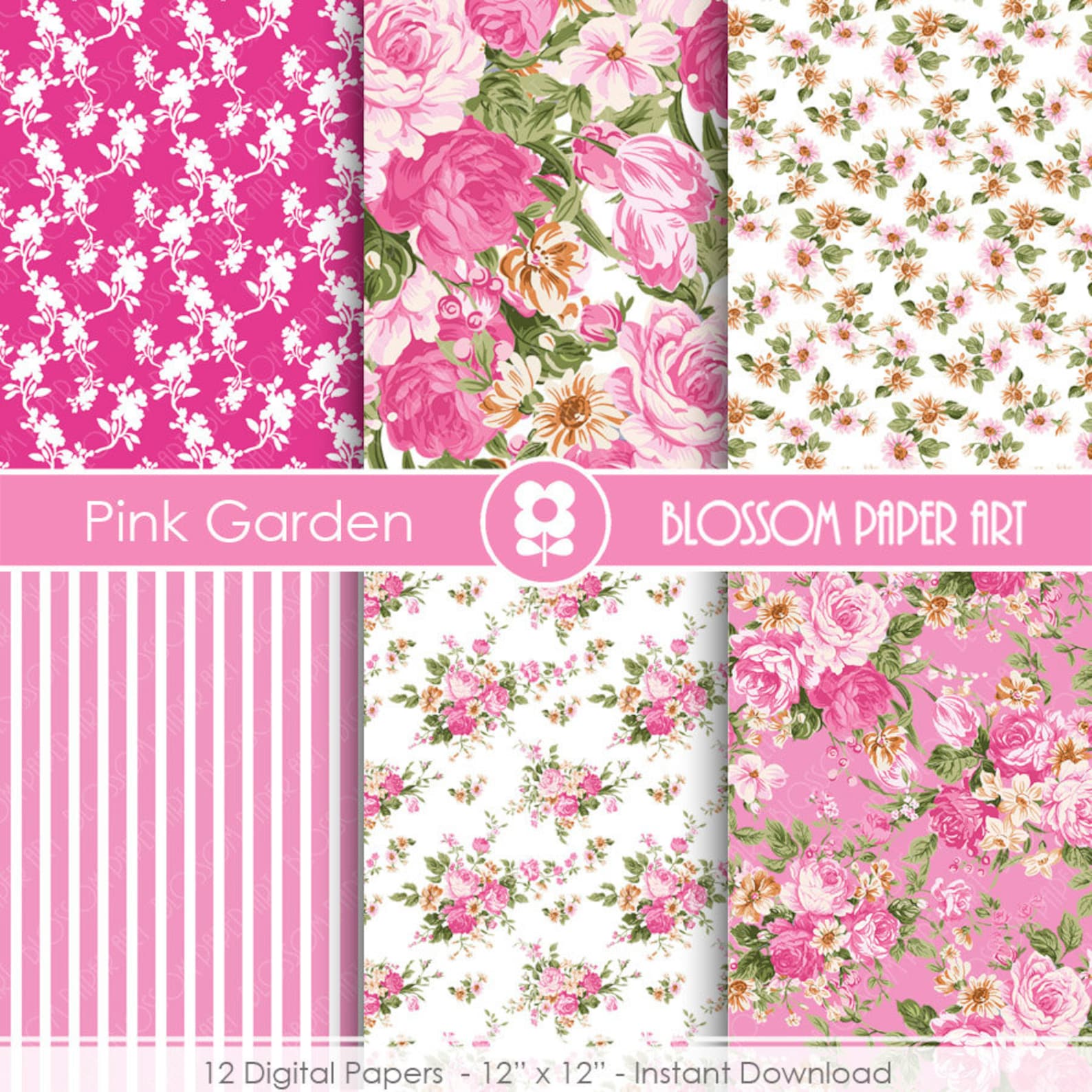 Pink Digital Paper Rose Digital Paper Pack Pink Floral | Etsy