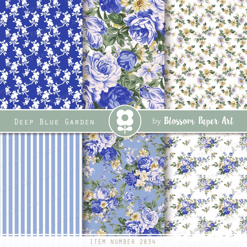 Blue Digital Papers Floral Digital Paper Pack Rose Digital - Etsy