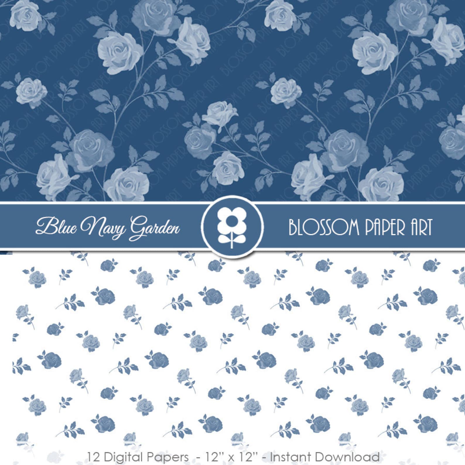 Blue Navy Digital Paper Blue Floral Digital Paper Pack Roses - Etsy UK