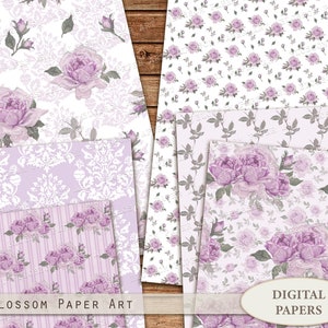 Purple Floral Digital Paper, Lilac Rose Digital Download Sheets, Shabby ...