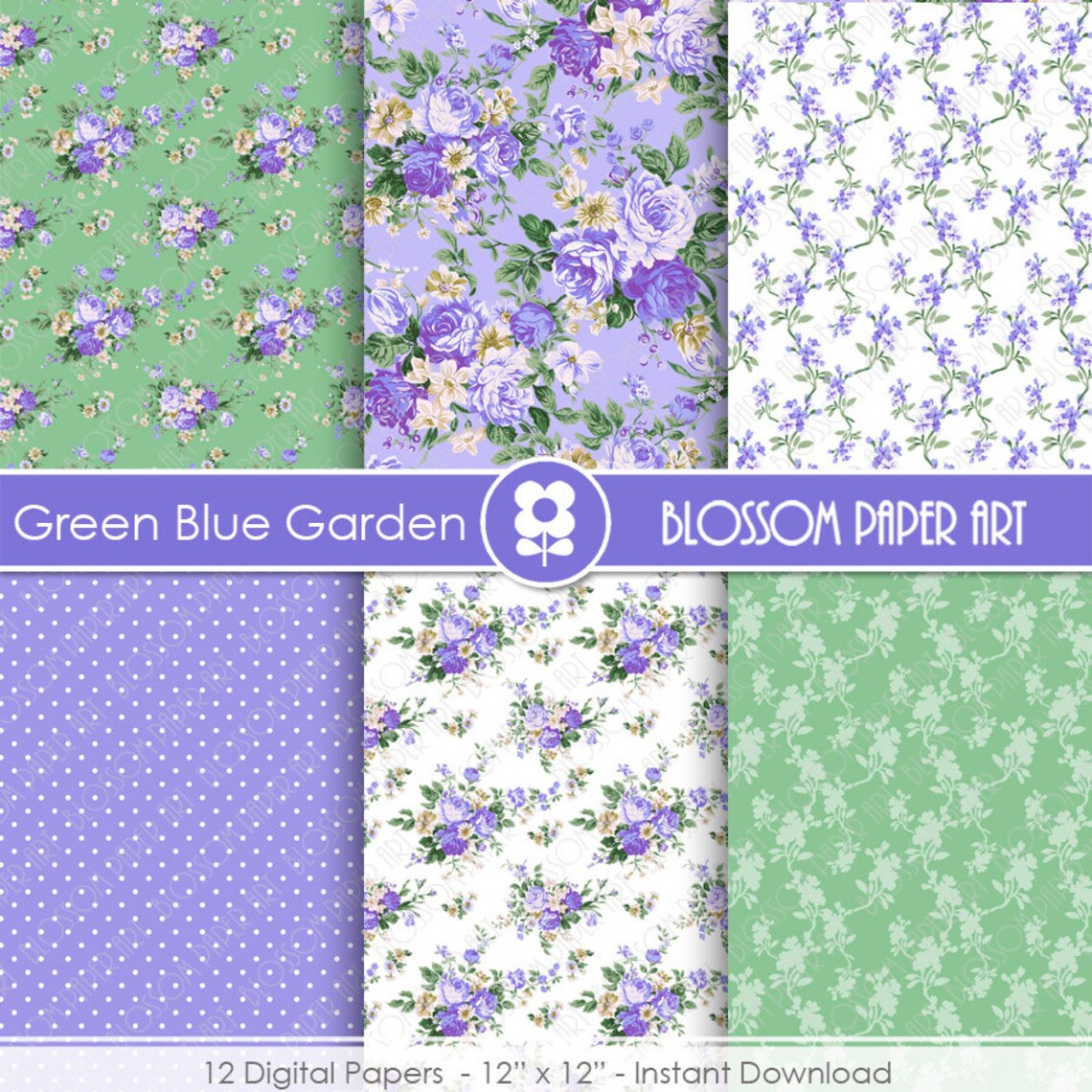 Blue Digital Paper Floral Digital Papers Rose Digital - Etsy