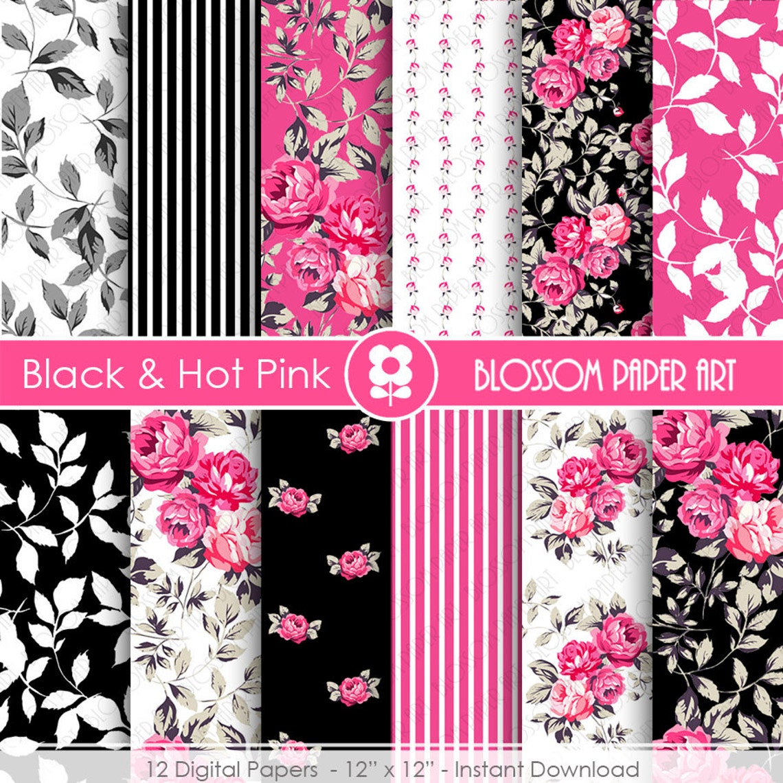 Hot Pink and Black Paper Pack Digital Papers Scrapbooking - Etsy