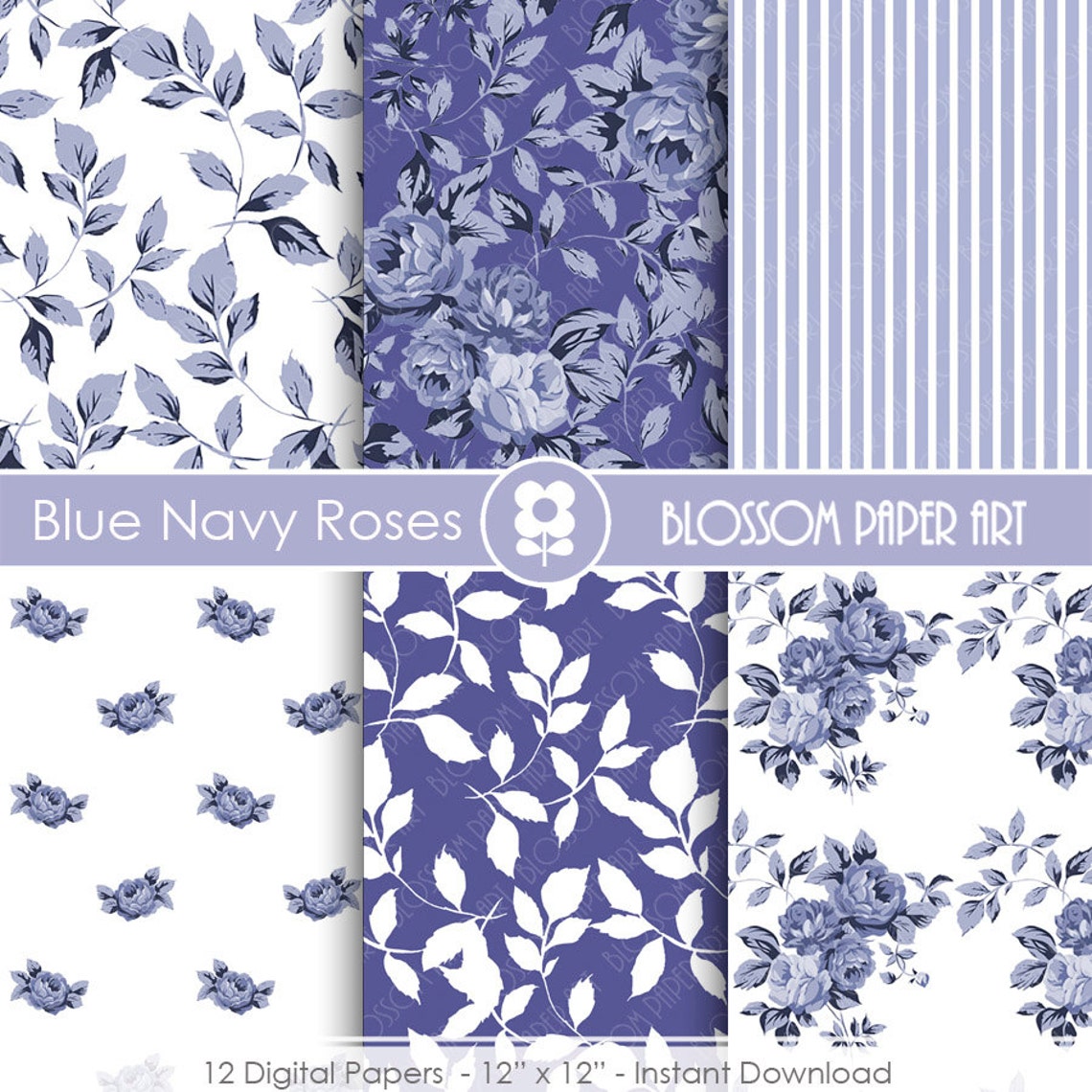 Blue Digital Paper Blue Navy Digital Paper Pack Blue Roses - Etsy
