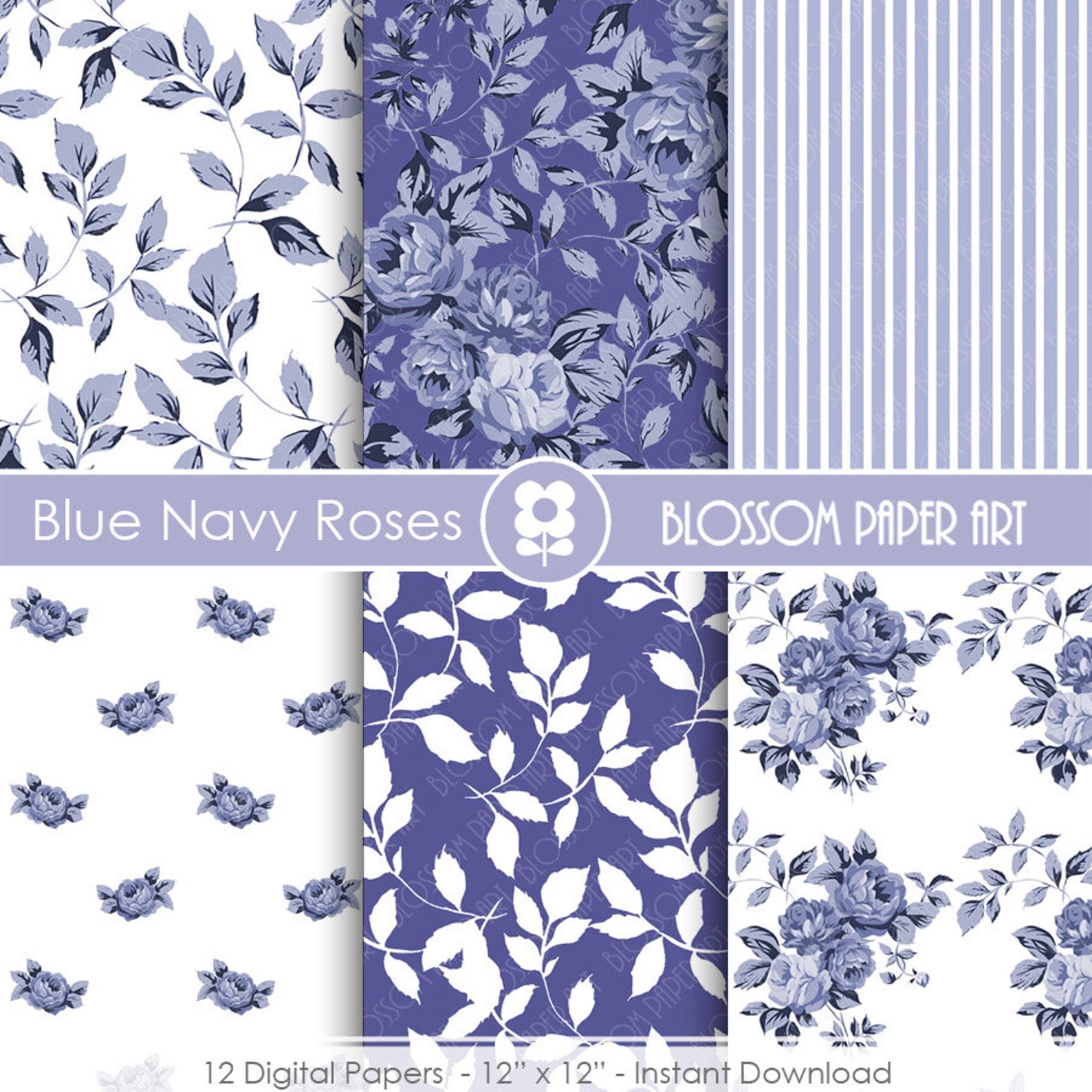 Blue Digital Paper Blue Navy Digital Paper Pack Blue Roses - Etsy