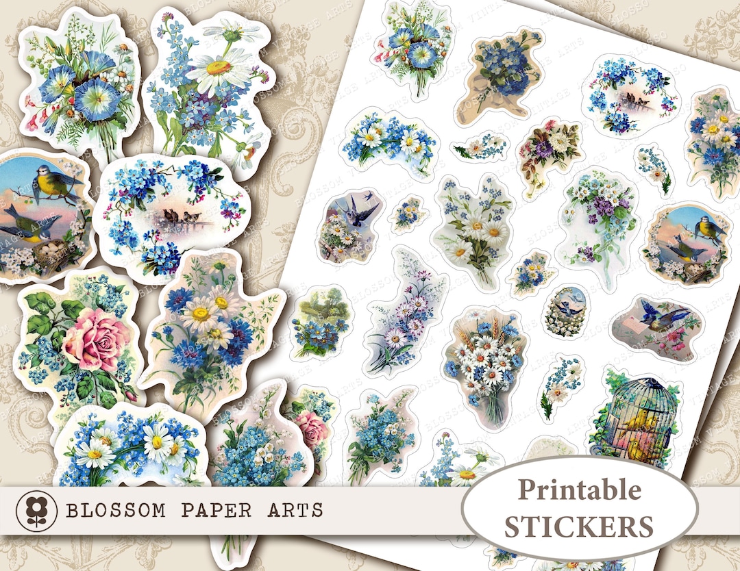 Blue Vintage Flowers Printable Stickers VINTAGE Floral Stickers Digital ...