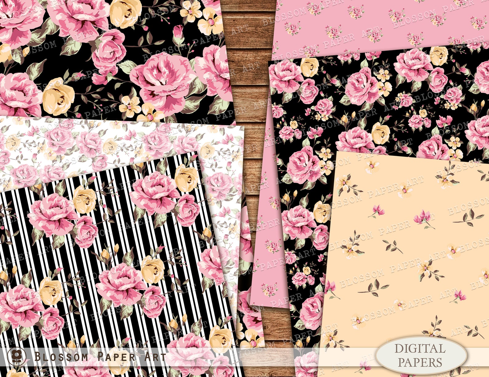 Black Floral Digital Paper Scrapbook Paper Pack Pink Roses - Etsy