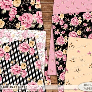 Black Floral Digital Paper, Scrapbook Paper Pack, Pink Roses Collage ...