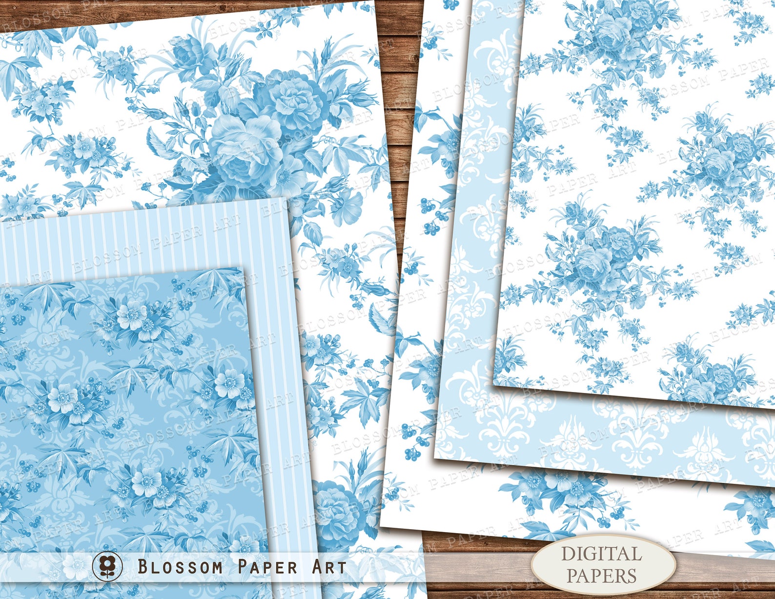 Light Blue Floral Digital Paper: Rose Collage Sheets (digital Download ...