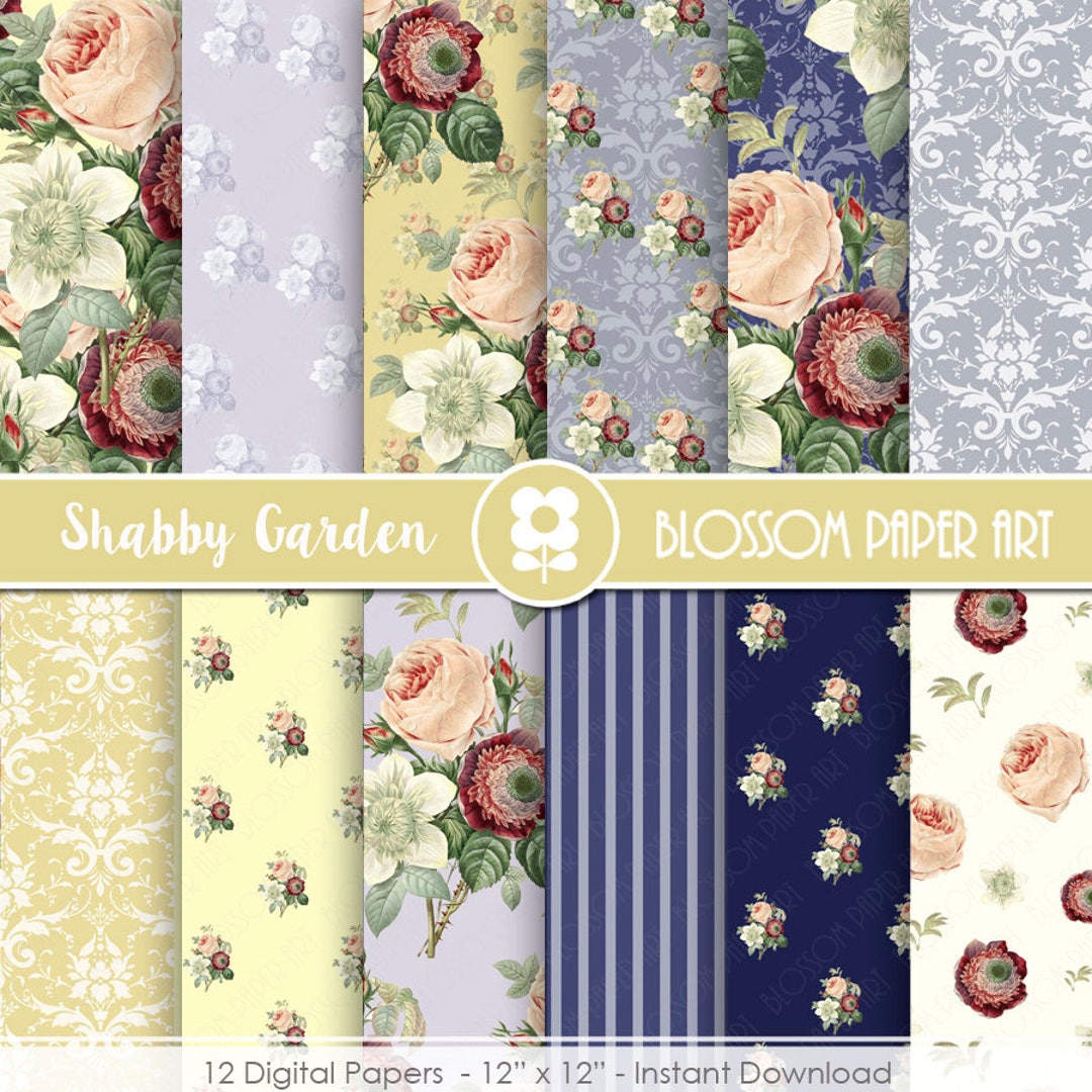 Blue and Yellow Floral Digital Paper, Vintage Roses Digital Paper Pack ...