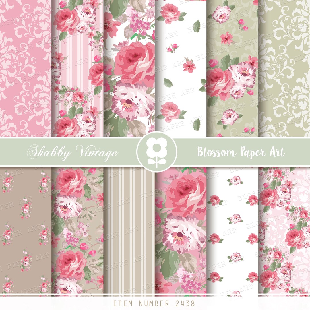 Shabby Chic Digital Paper, Pink Floral Digital Paper Pack, Scrapbooking ...