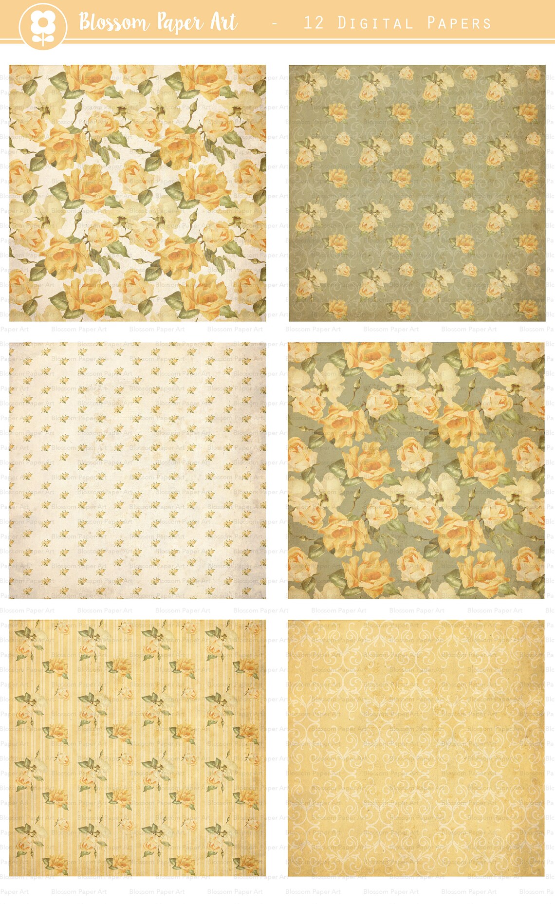 Yellow Digital Paper Floral Gold Digital Paper Pack Floral - Etsy