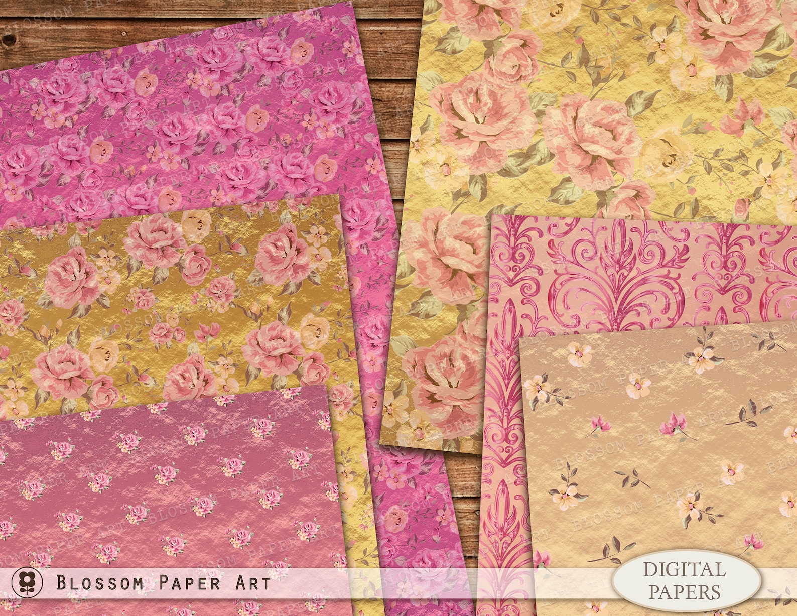 Gold and Pink Digital Paper Metallic Scrapbook Floral Digital - Etsy
